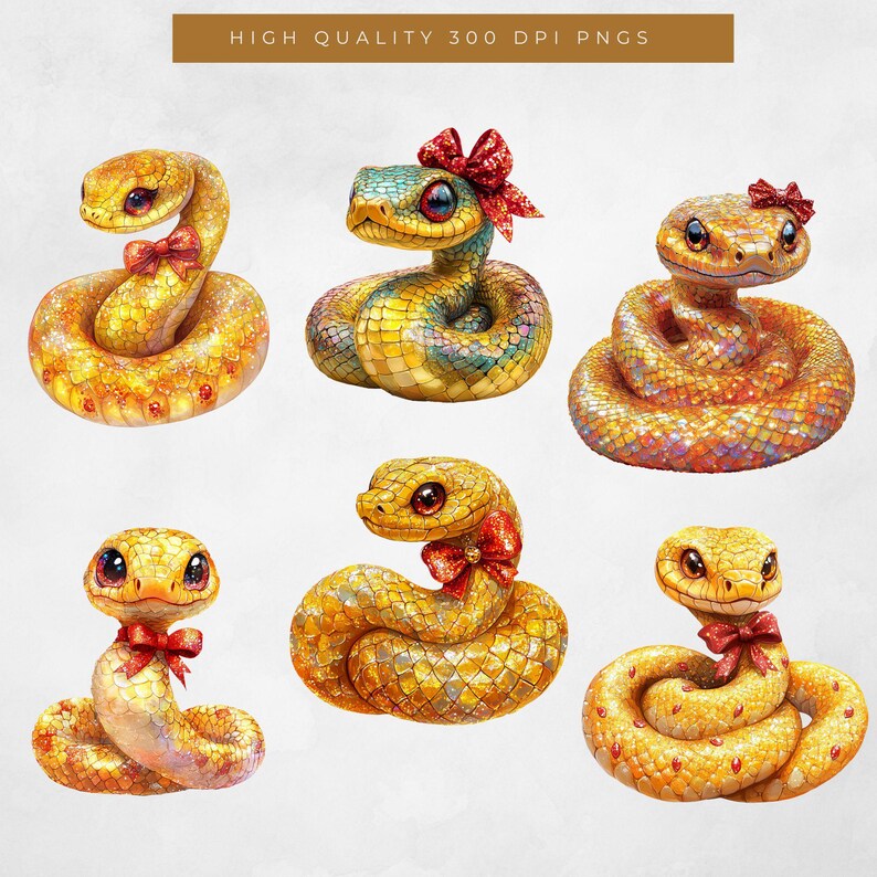 Year of the Snake Clipart, Cute Gold Snake Illustration, Yellow Glitter ...