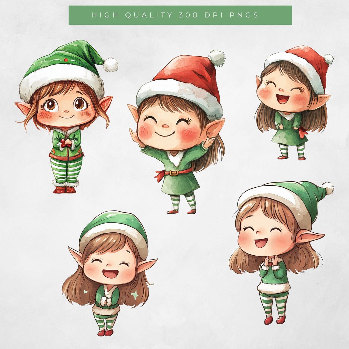 Mini Christmas Elves Clipart, Festive Holiday Elf Illustrations, Green ...