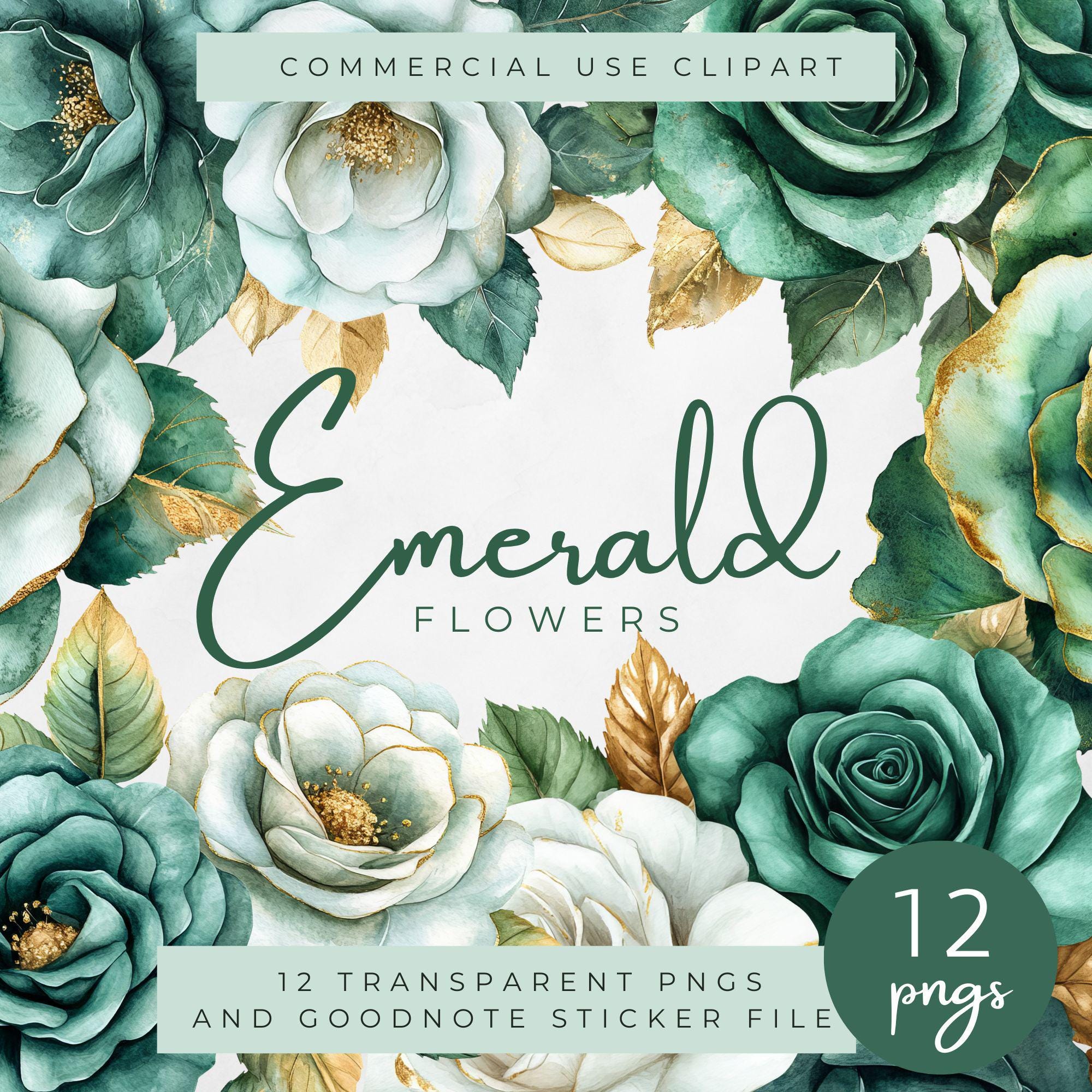 Emerald Green Rose Clipart, Emerald Watercolor Floral, Green & Gold ...