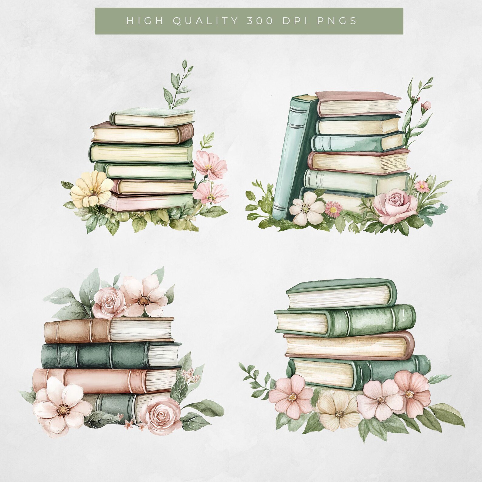 Pastel Stack Books With Flowers Clipart, Soft Watercolor Book and ...