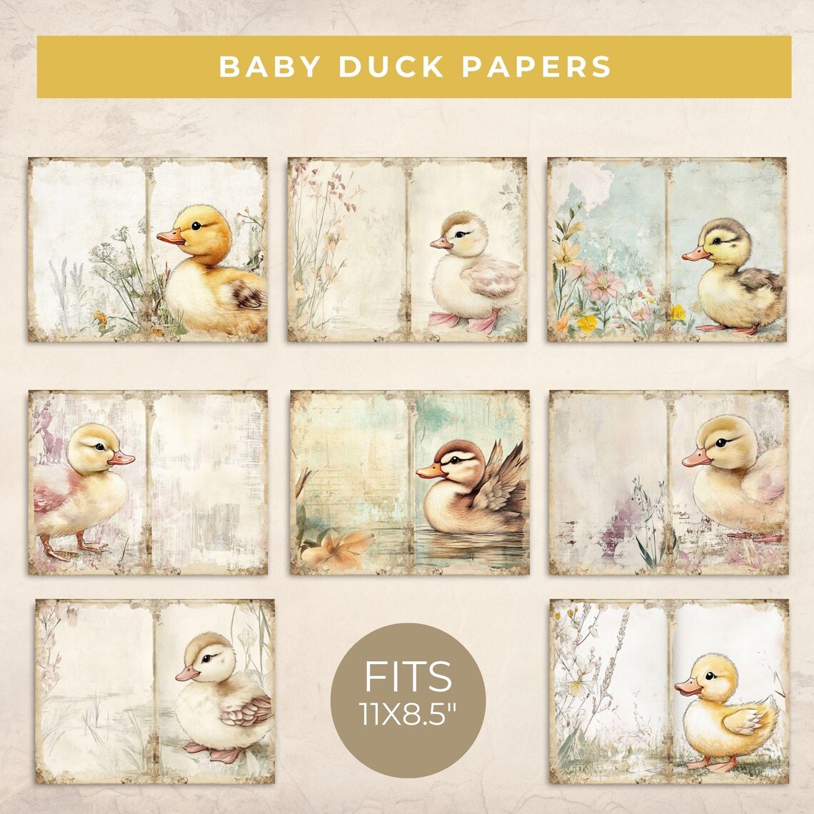 Vintage Baby Duck Junk Journal Papers, Printable Duckling Digital Paper ...