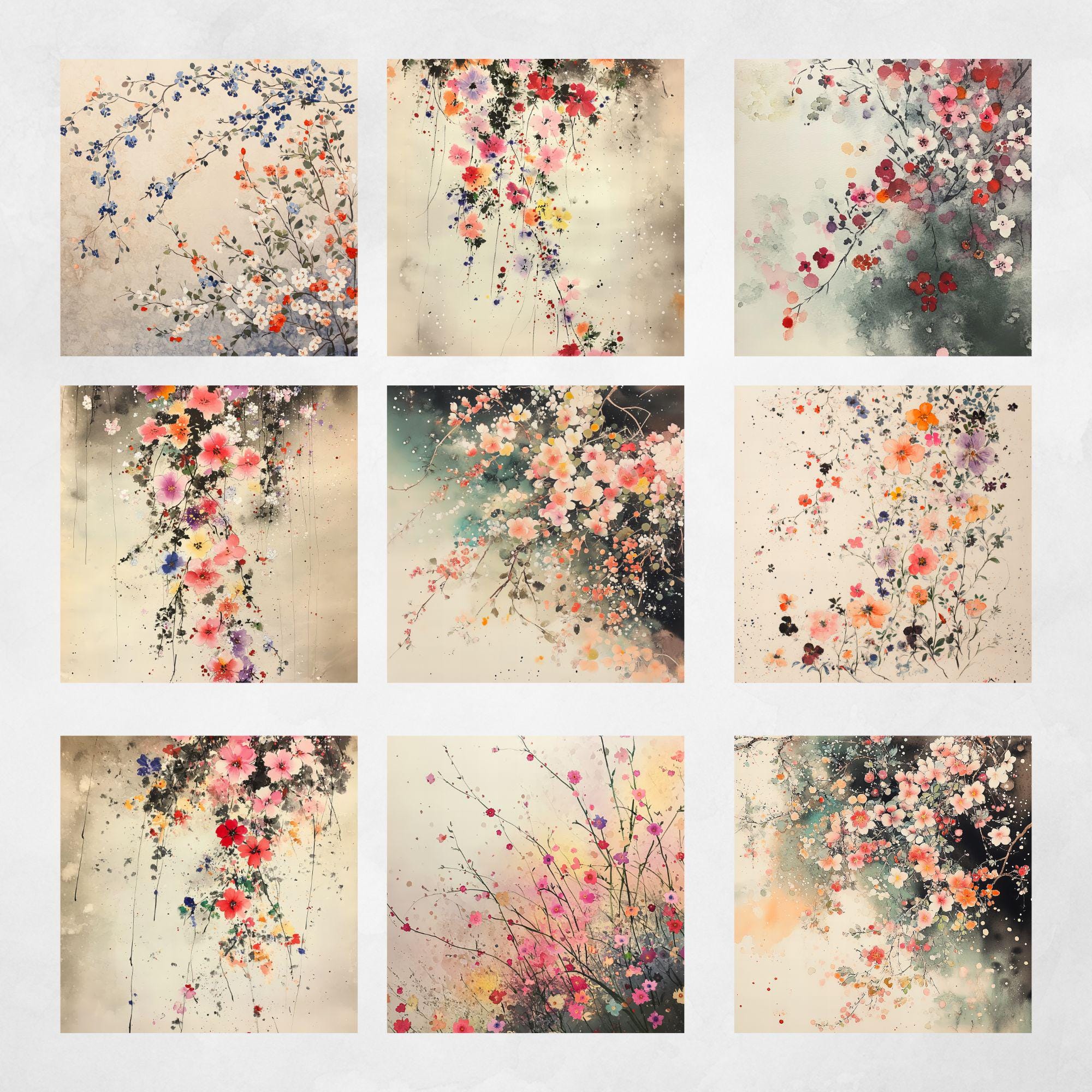 Japanese Watercolor Flowers Background Digital Papers, Elegant Floral ...