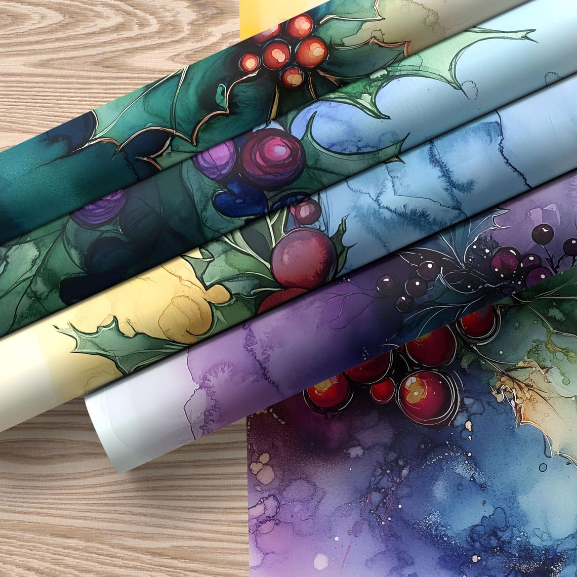 Christmas Holly Digital Paper, Alcohol Ink Wash Backgrounds, Festive ...