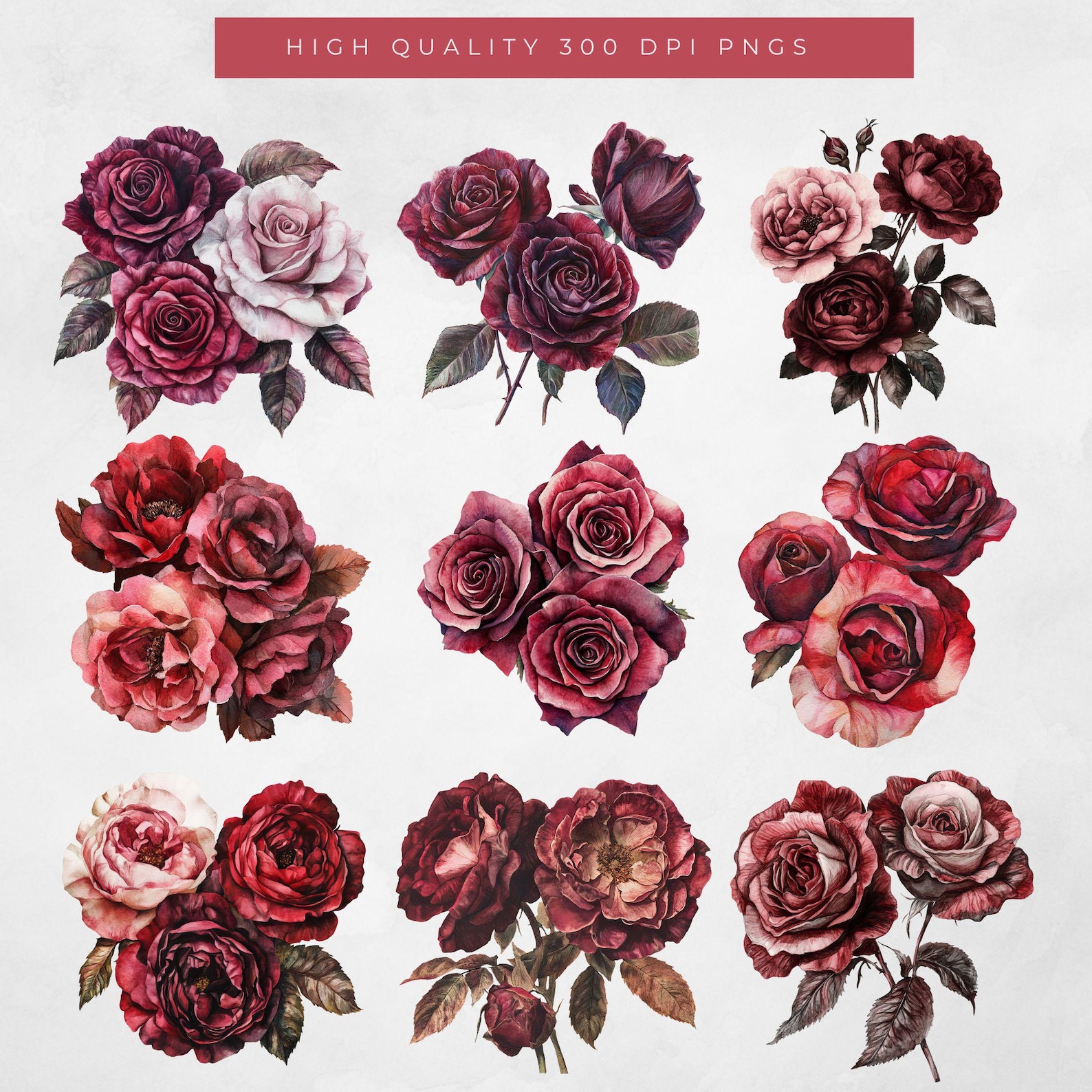 Vintage Roses Valentine's Day Clipart, Watercolor Deep Red Roses Art ...