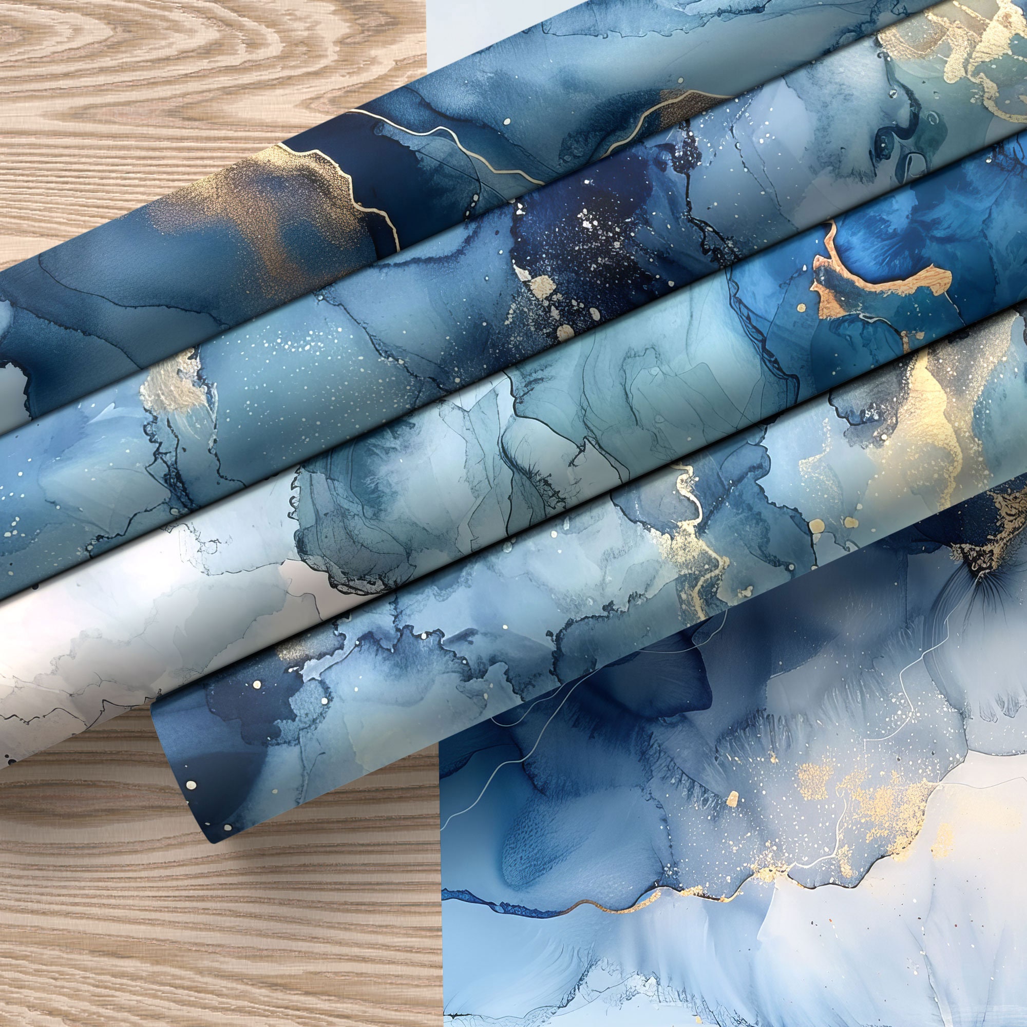 Navy and Dusty Blue Digital Paper, Blue Watercolour Textures, Rose Gold ...