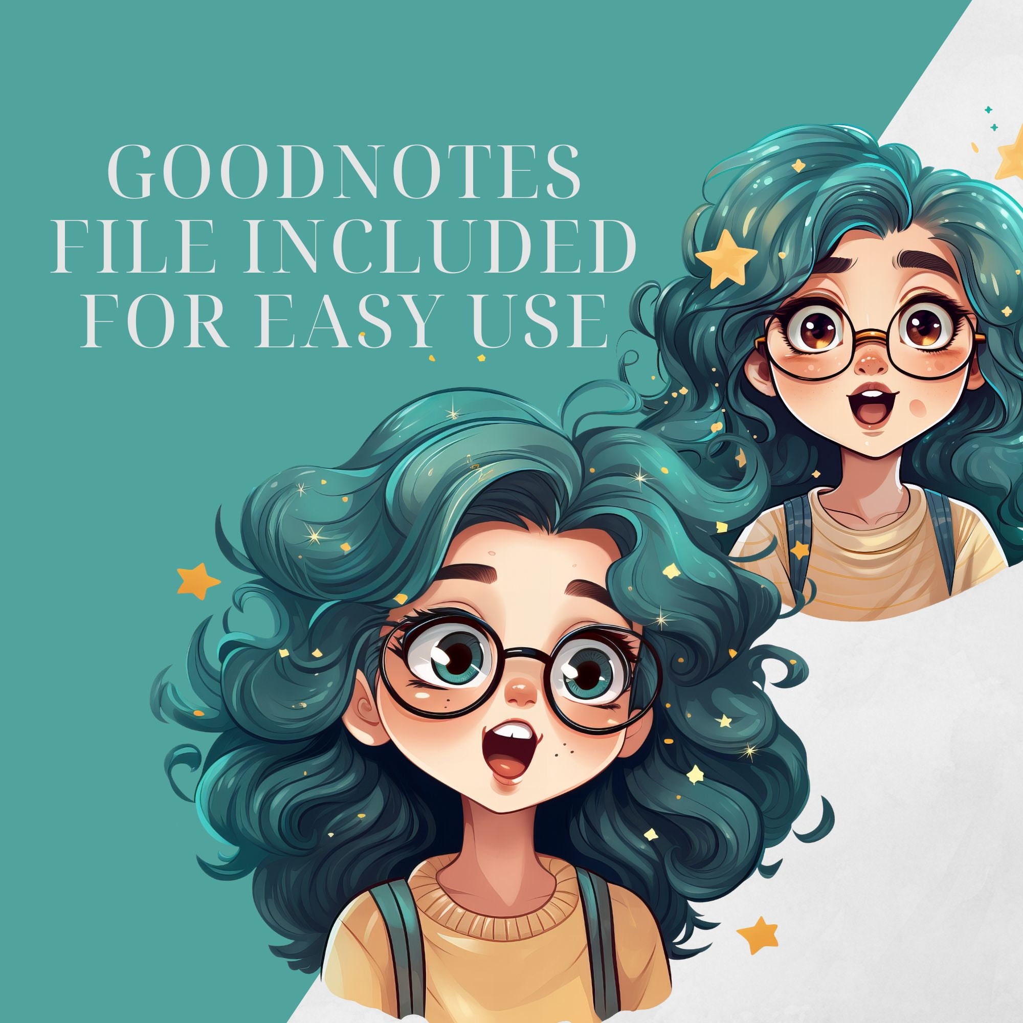 Quirky Girl Clipart, Teal Starlight Girls Stickers, Goodnotes Stickers ...