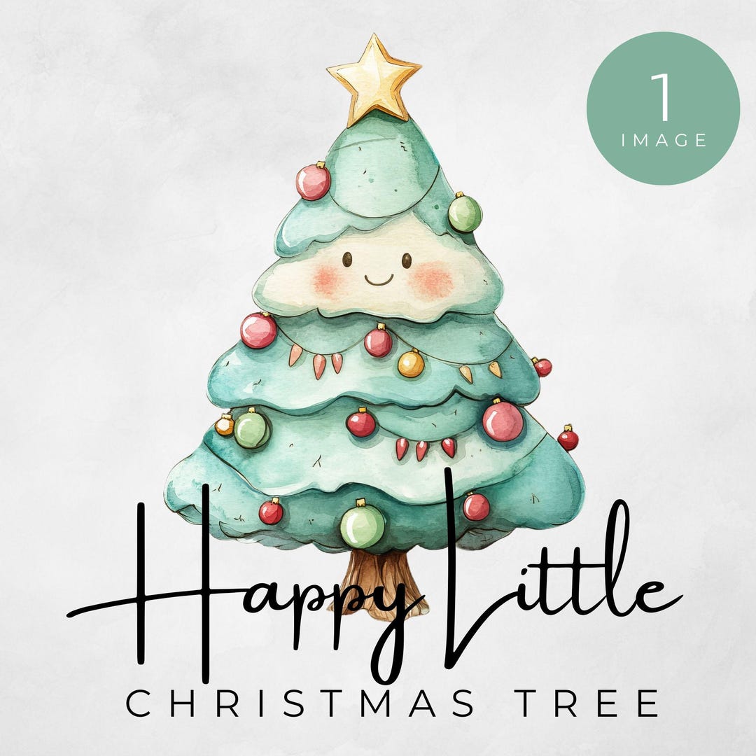Happy Little Christmas Tree Clipart, Watercolour Kawaii Christmas Tree ...