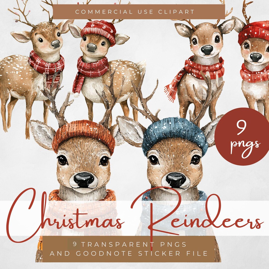 Cozy Christmas Reindeers Clipart, Cute Winter Reindeer Illustrations ...