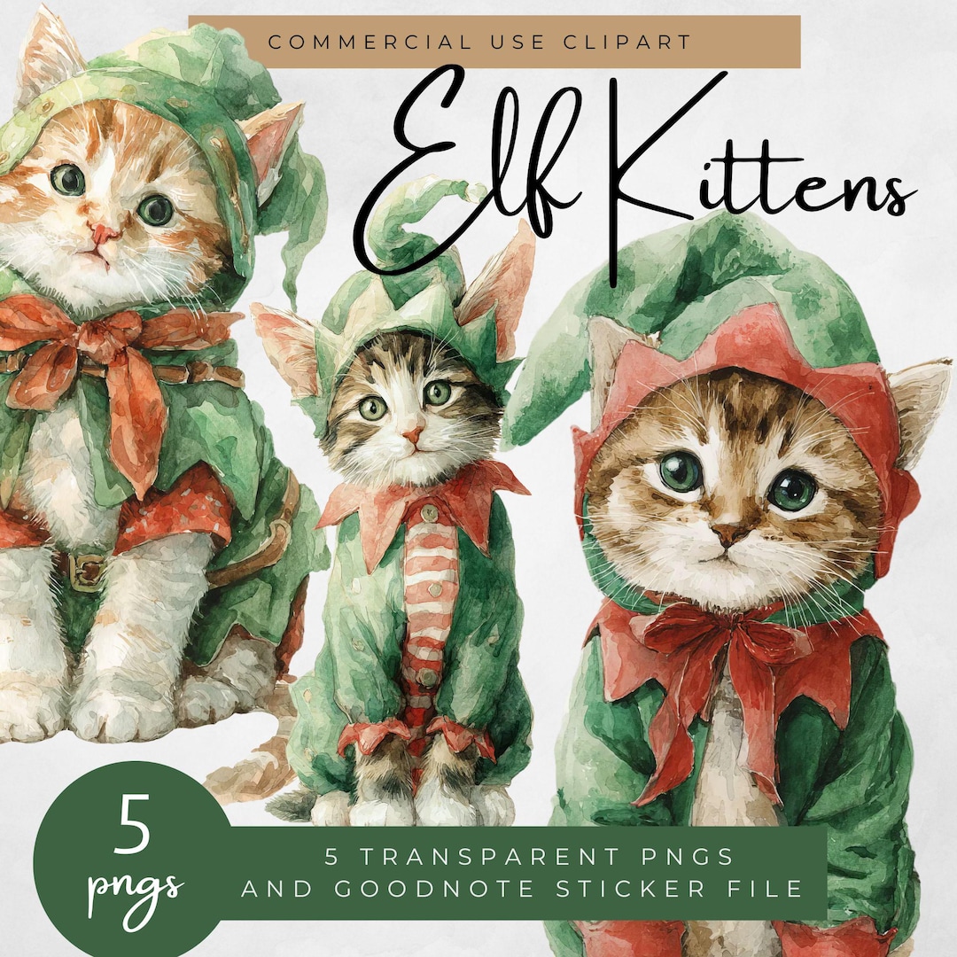 Christmas Elf Kitten Clipart, Cute Watercolour Cat Pngs, Festive ...