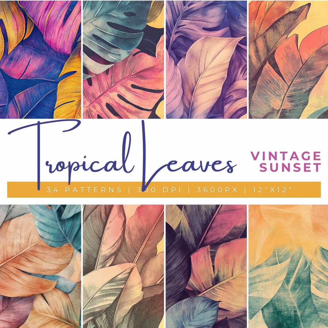 Vintage Sunset Tropical Leaves Digital Papers, Retro Warm Tones ...