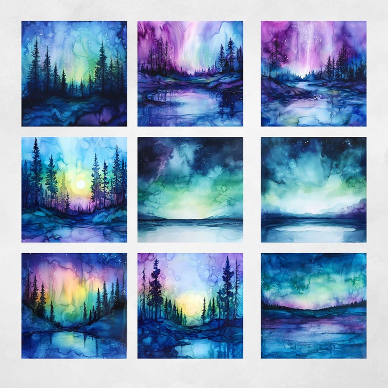 Northern Lights Digital Papers, Aurora Borealis Clipart, Bright Night ...