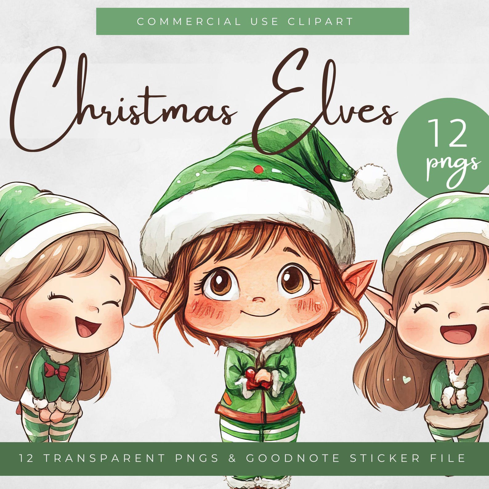 Mini Christmas Elves Clipart, Festive Holiday Elf Illustrations, Green ...