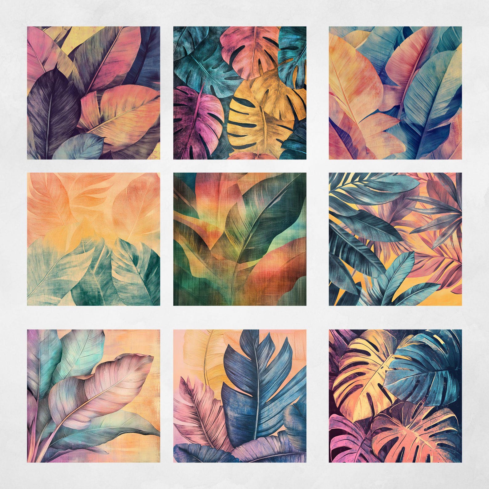 Vintage Sunset Tropical Leaves Digital Papers, Retro Warm Tones ...