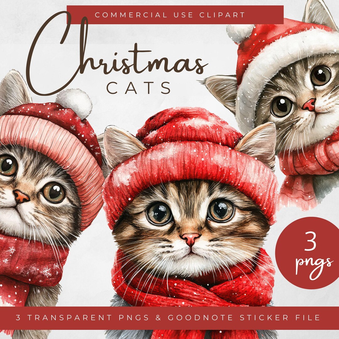 Christmas Cats Clipart, Festive Holiday Cat Illustrations, Festive ...