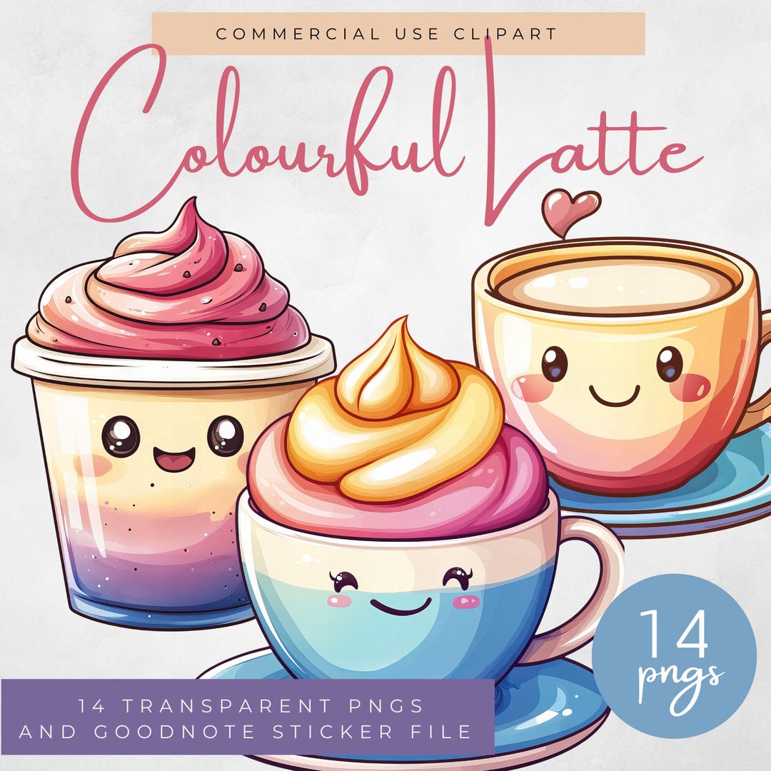 Colourful Kawaii Latte Clipart, Cute Coffee Illustration, Bright Kawaii ...