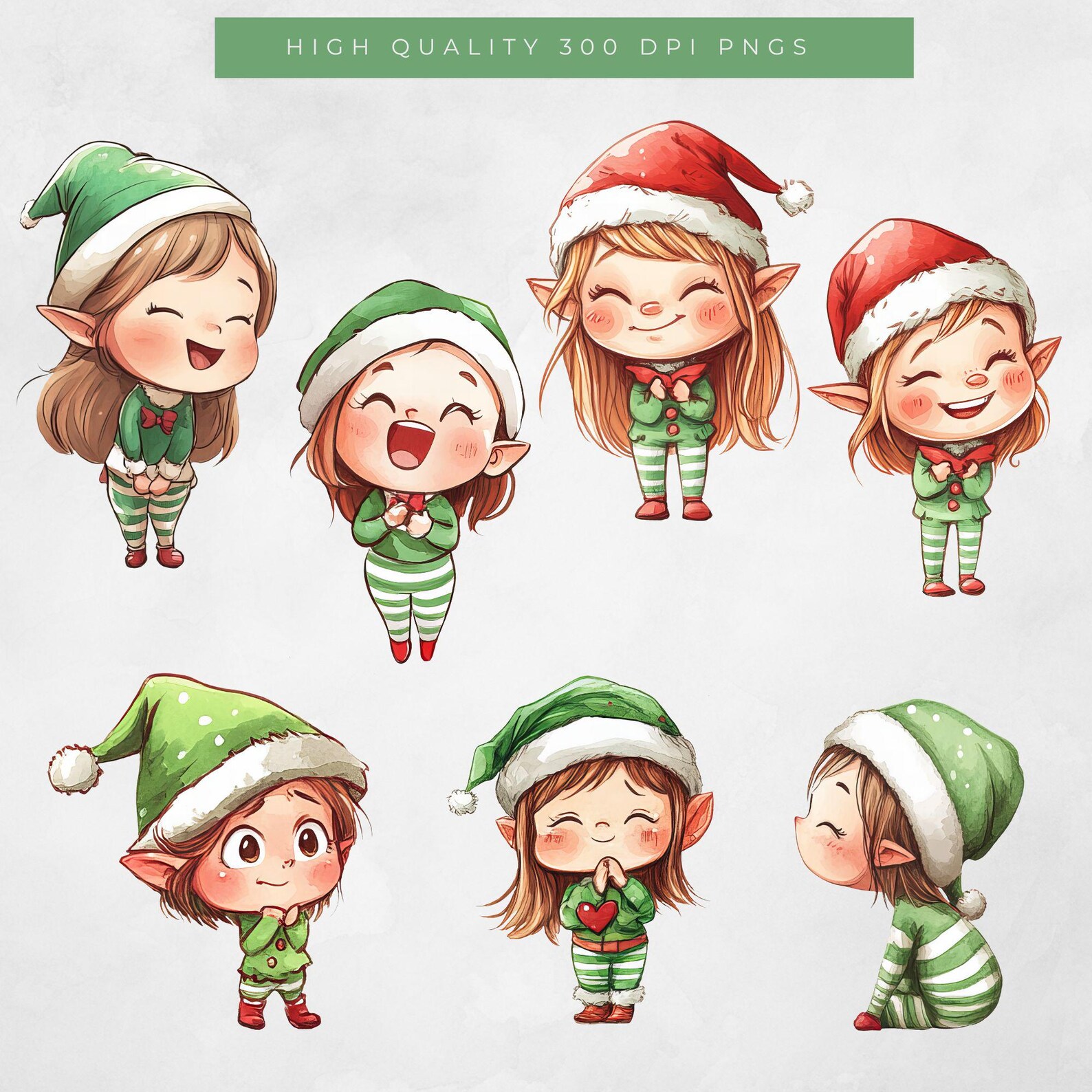 Mini Christmas Elves Clipart, Festive Holiday Elf Illustrations, Green ...