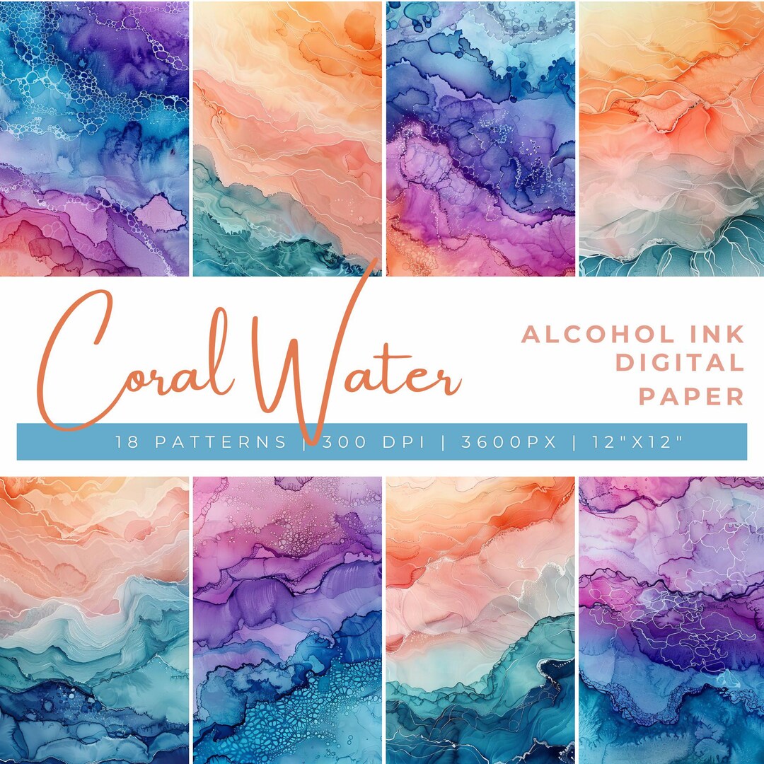 Coral Water Digital Papers, Bright Purple and Coral Water Clipart, Wave ...