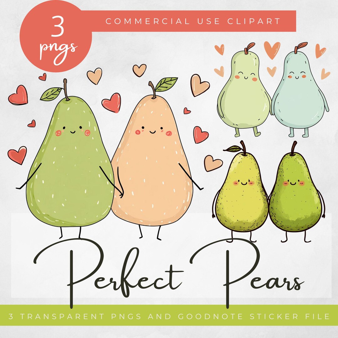 Perfect Pears Clipart, Cute Fruit Couple Pngs, Kawaii Pear Digital ...