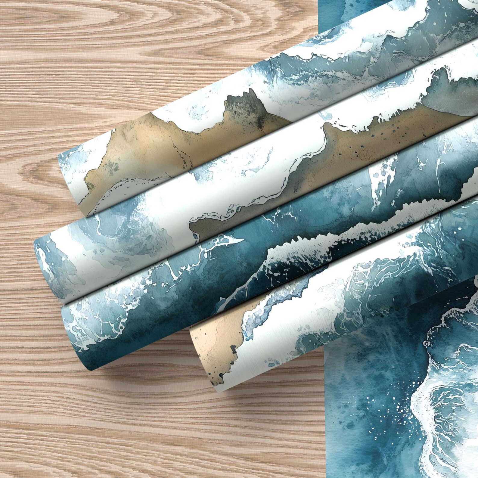 Beach With Collapsing Waves Digital Papers, Watercolor Waves & Sandy ...