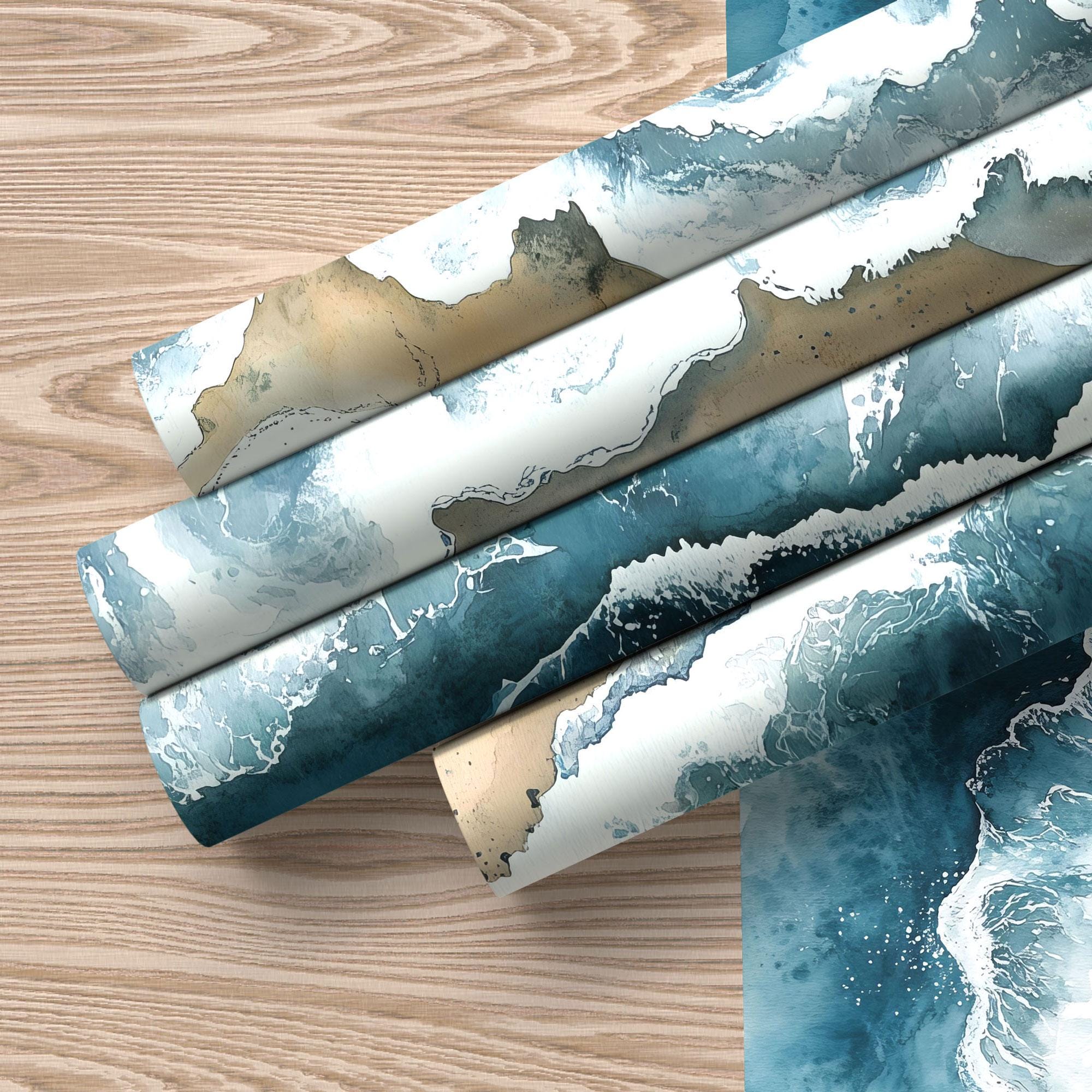 Beach With Collapsing Waves Digital Papers, Watercolor Waves & Sandy ...