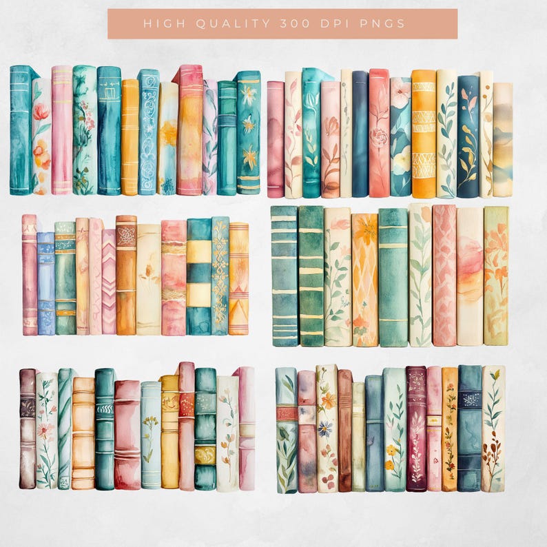 Boho Book Spines Clipart, Hand-painted Teal Coral Mustard & Mauve Book ...