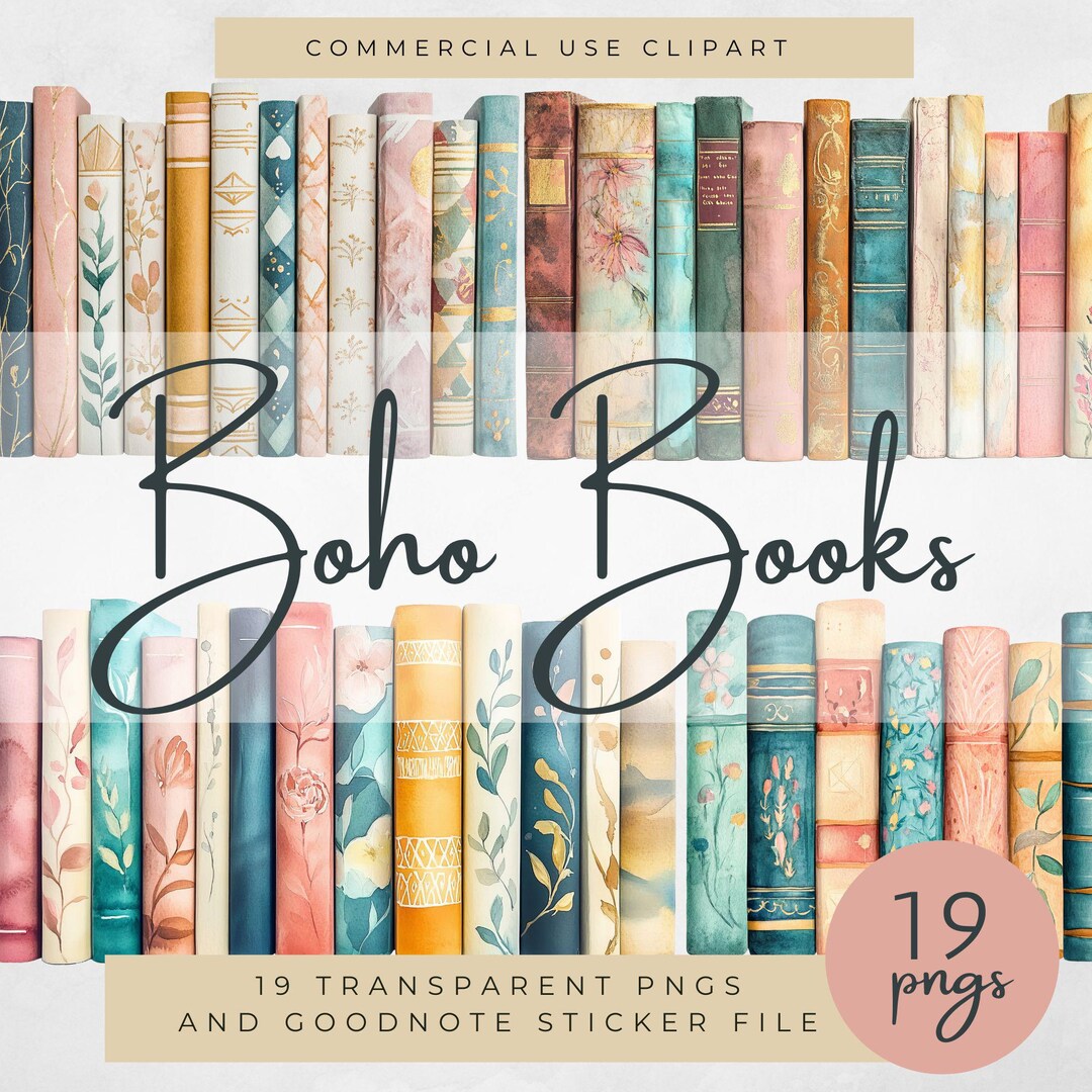 Boho Book Spines Clipart, Hand-painted Teal Coral Mustard & Mauve Book ...