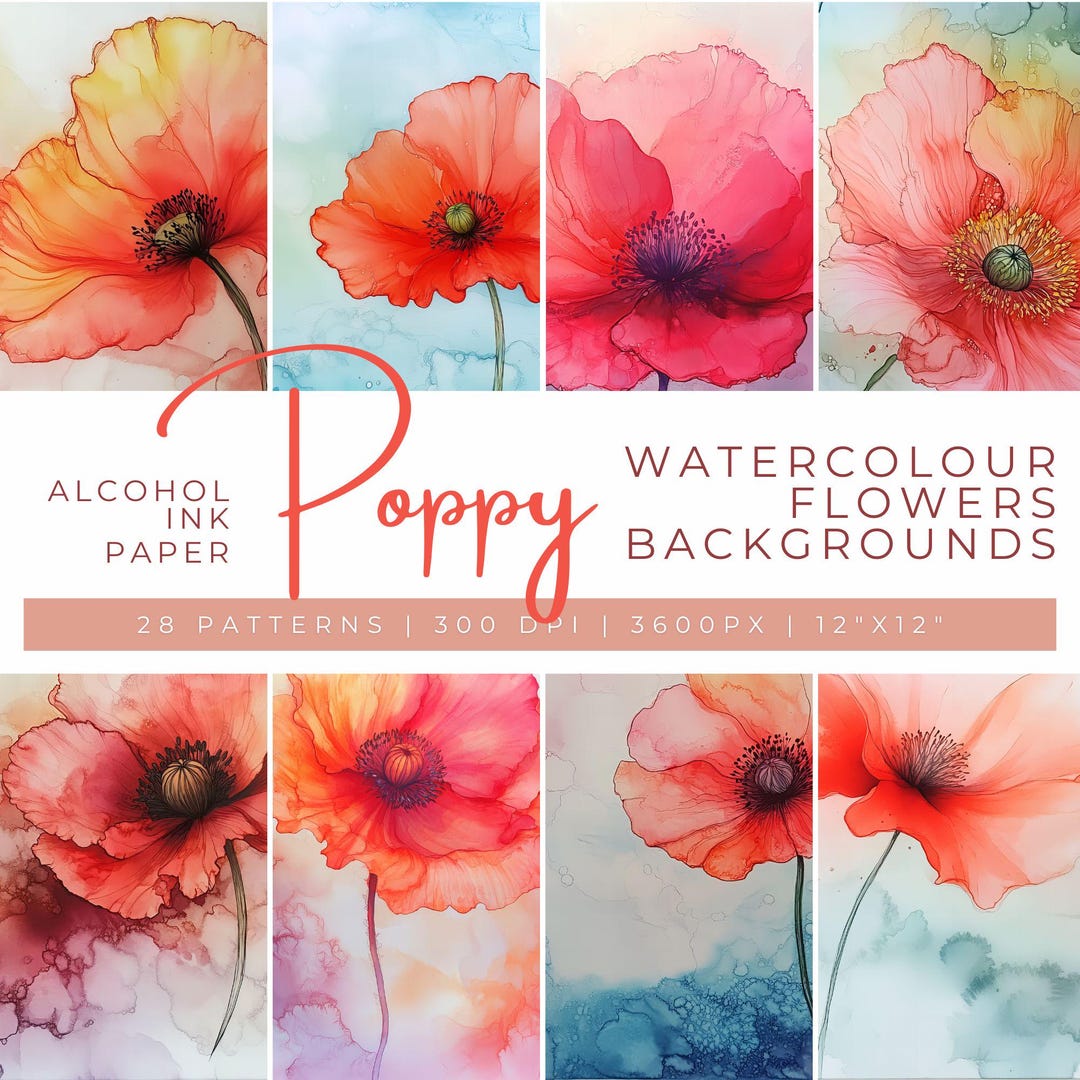 Watercolor Poppy Floral Background Digital Papers, Elegant Red Poppy ...