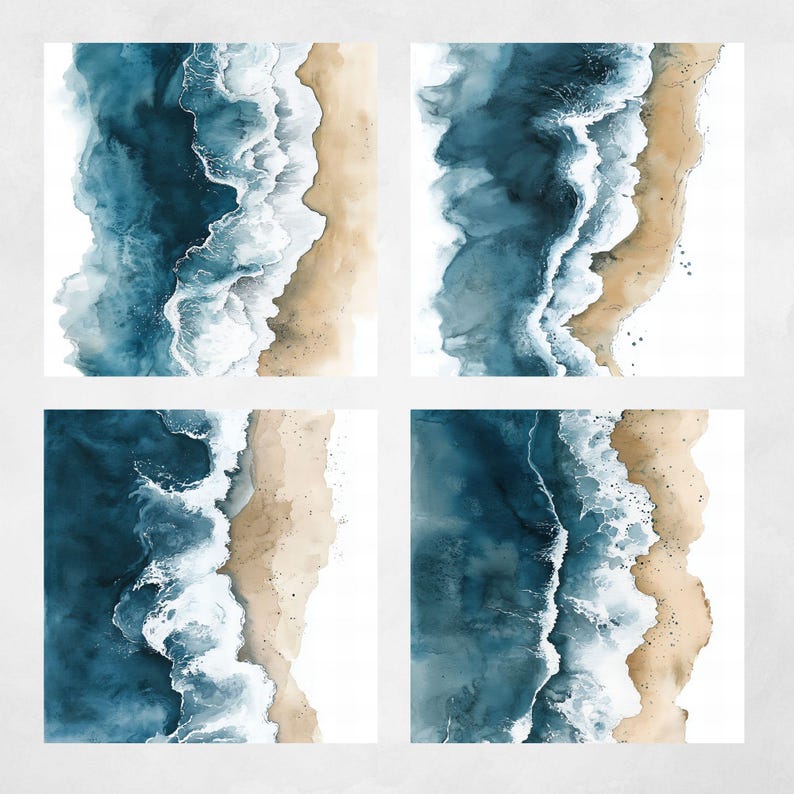 Beach With Collapsing Waves Digital Papers, Watercolor Waves & Sandy ...