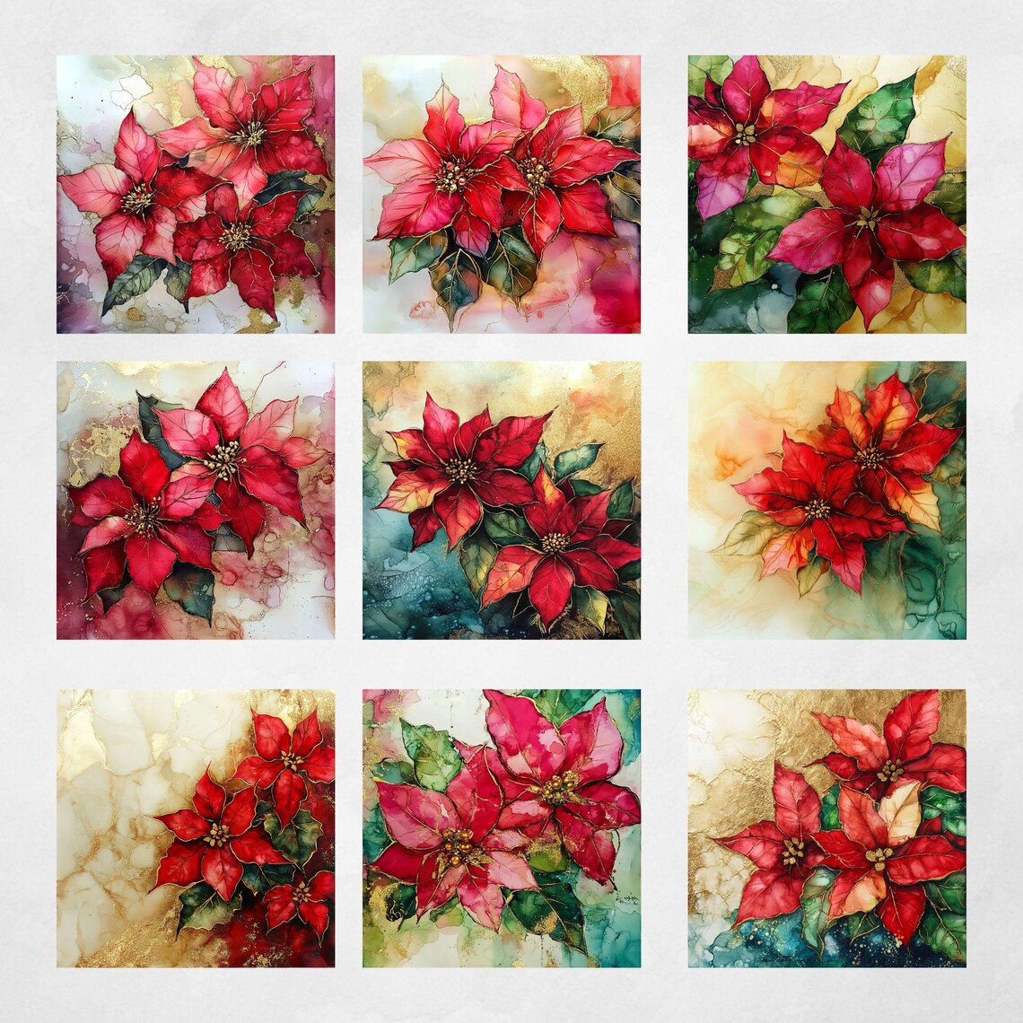 Christmas Poinsettias Digital Paper, Watercolour Poinsettias ...