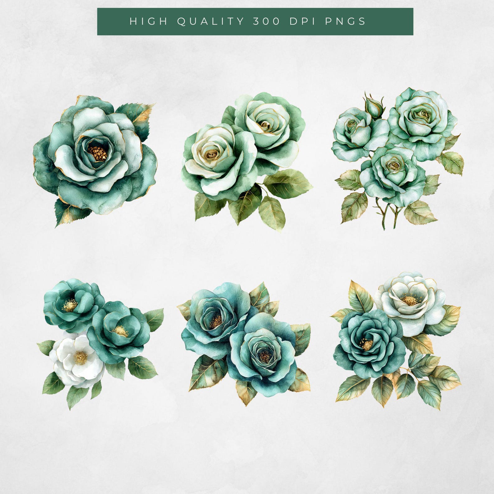 Emerald Green Rose Clipart, Emerald Watercolor Floral, Green & Gold ...