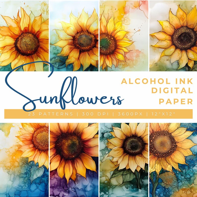 Sunflower Alcohol Ink Wash Digital Paper, Vibrant Floral Background ...