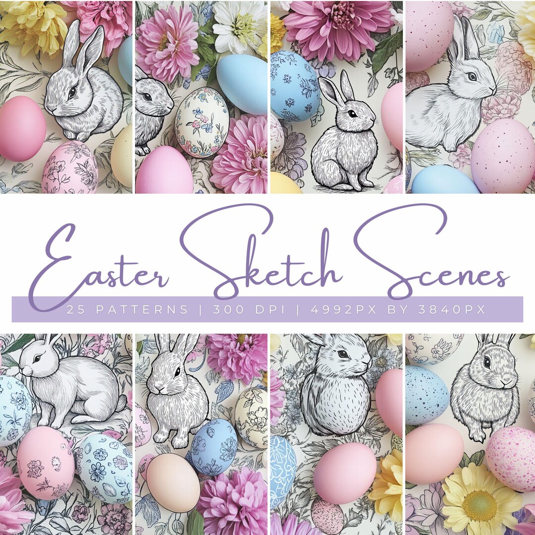 Easter Sketch Scenes Backgrounds Digital Papers, Colourful Easter Egg ...