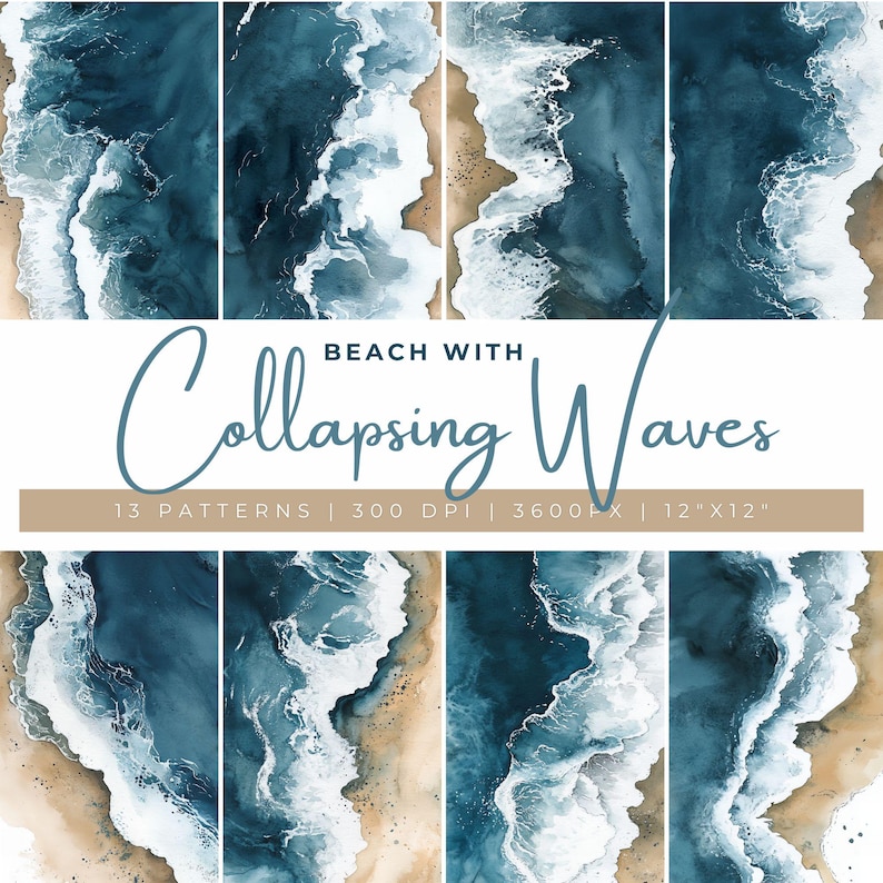 Beach With Collapsing Waves Digital Papers, Watercolor Waves & Sandy ...