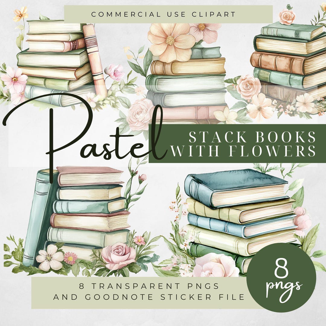 Pastel Stack Books With Flowers Clipart, Soft Watercolor Book and Floral Illustrations, Books ...