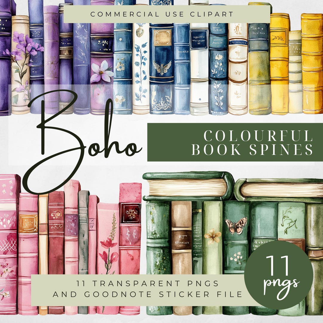 Boho Colorful Book Spines Clipart, Vibrant Bohemian Library Graphics ...