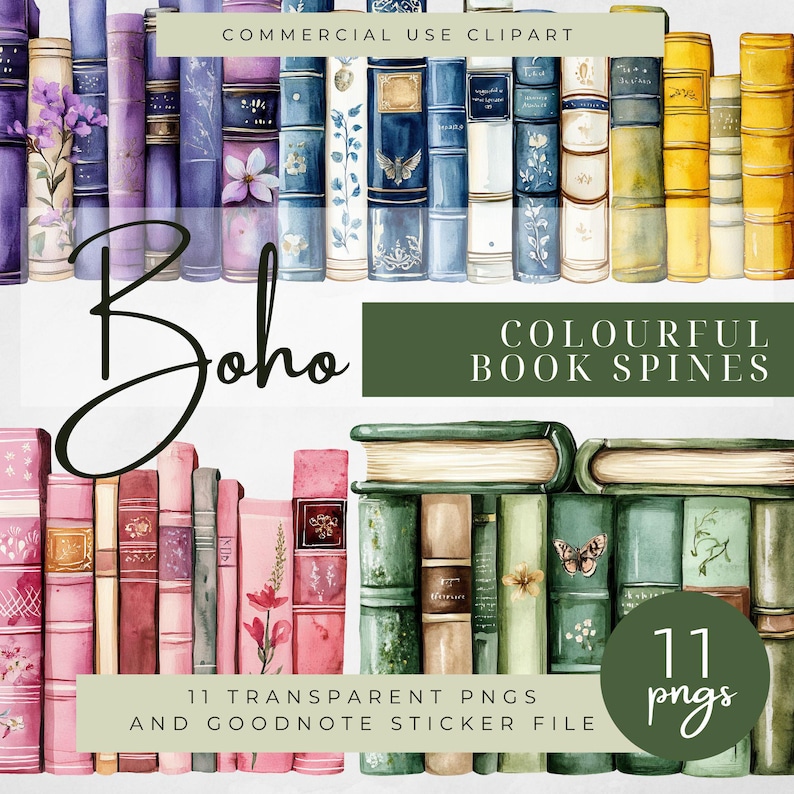 Boho Colorful Book Spines Clipart, Vibrant Bohemian Library Graphics ...