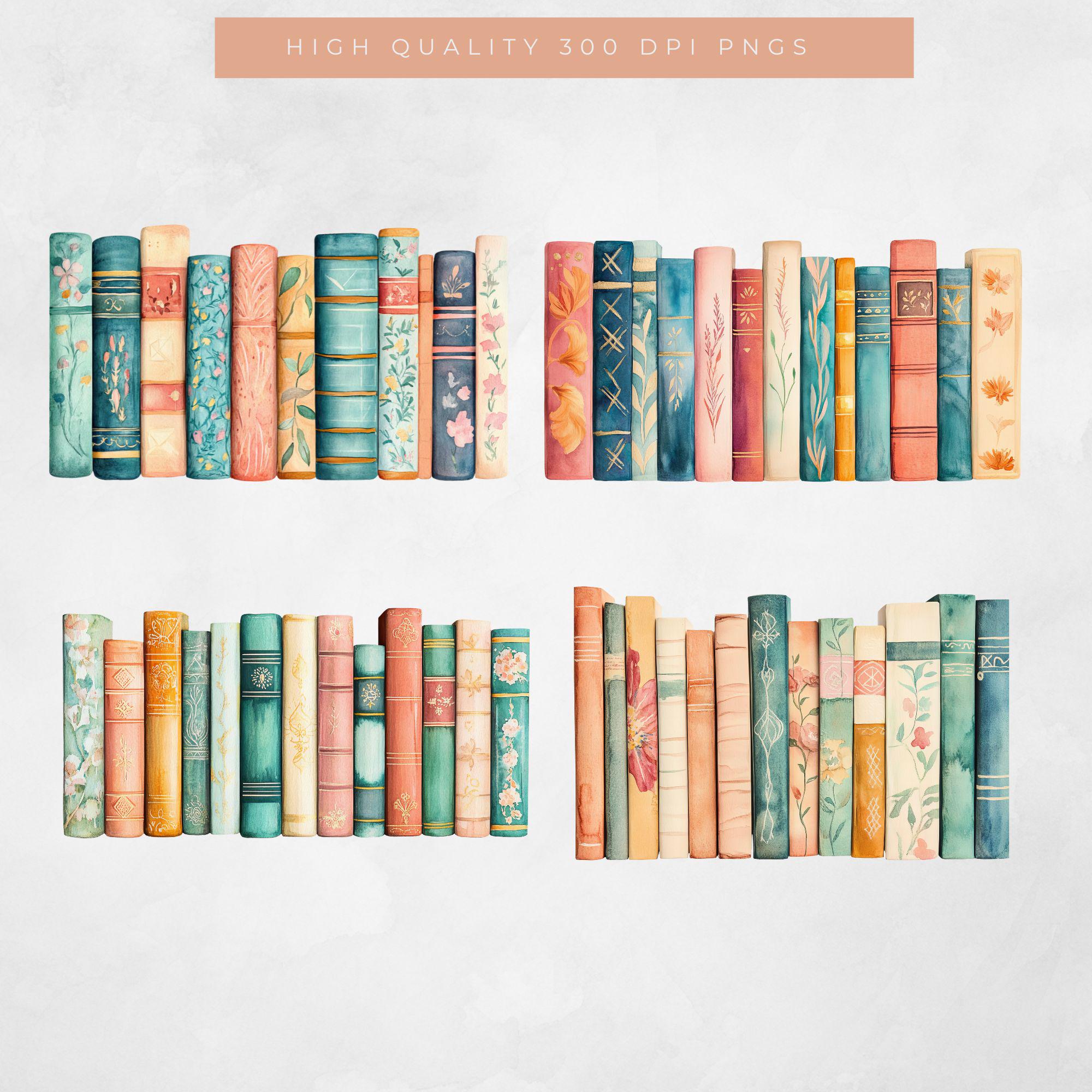 Boho Book Spines Clipart, Hand-painted Teal Coral Mustard & Mauve Book ...