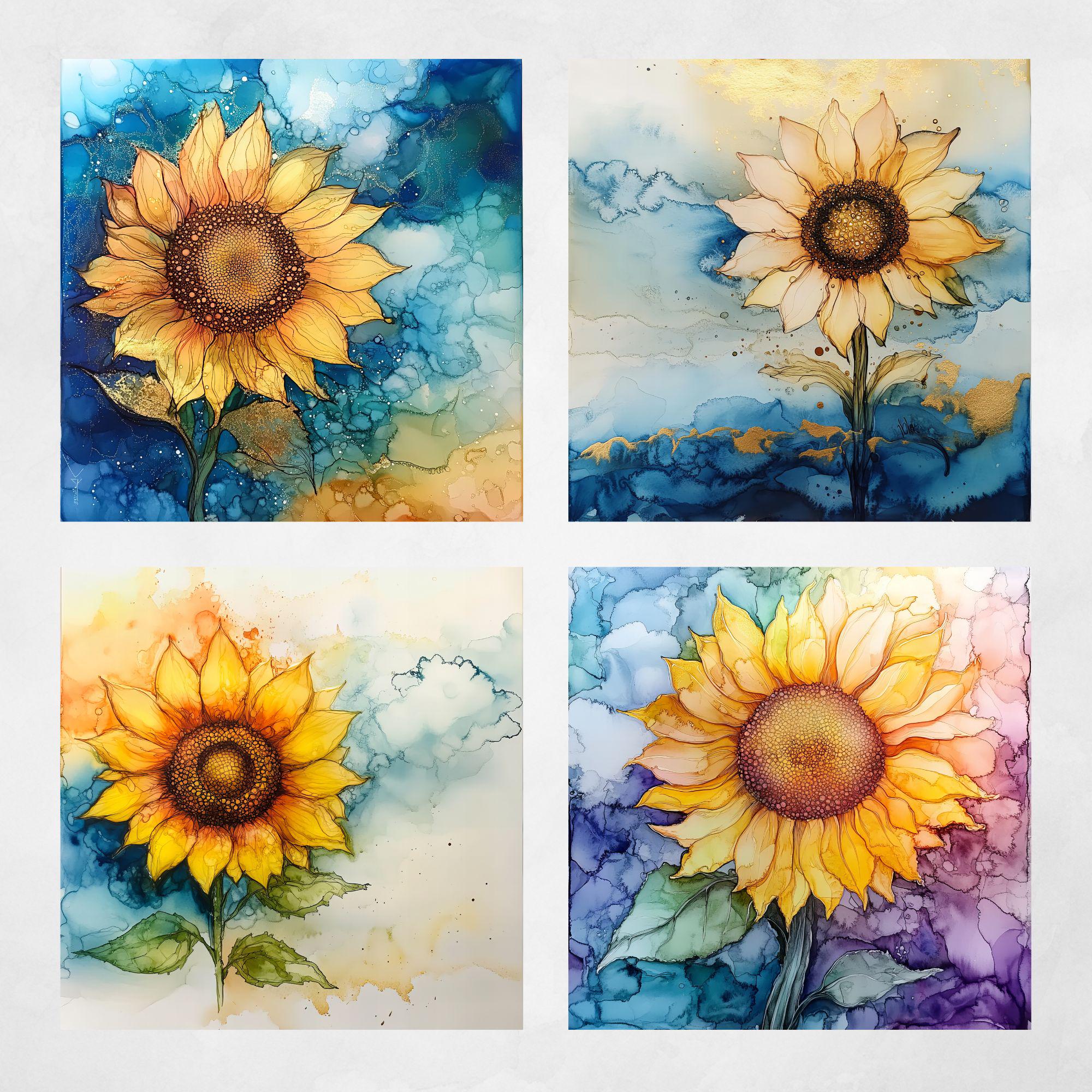 Sunflower Alcohol Ink Wash Digital Paper, Vibrant Floral Background ...