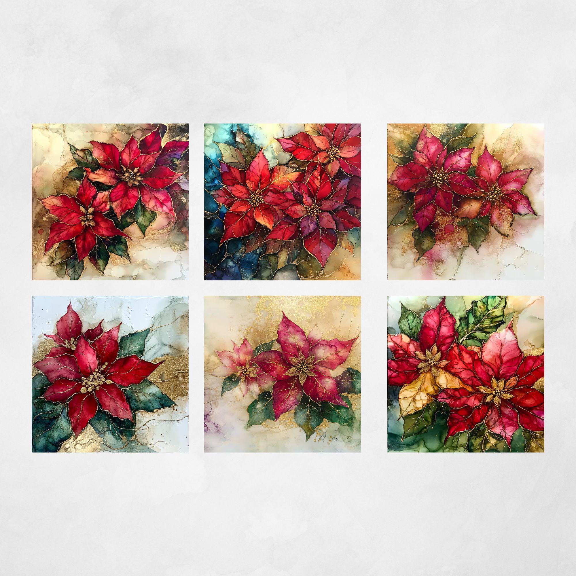 Christmas Poinsettias Digital Paper, Watercolour Poinsettias ...