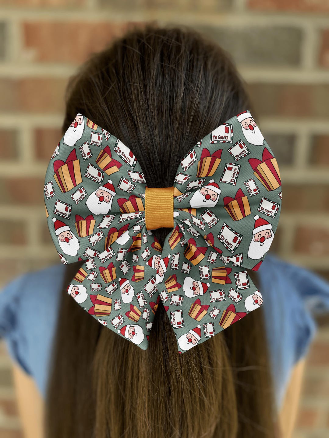Santa's Wishlist Bow Christmas Hair Bow Holiday Green Bow With Santa ...