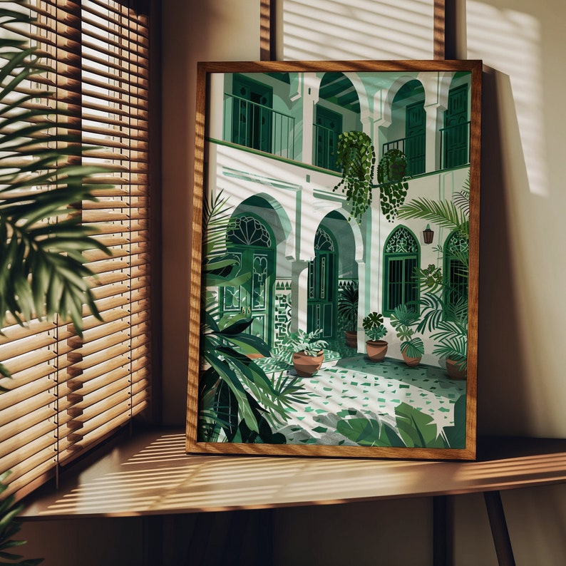 Morocco Poster, Vintage Riad Poster, Moroccan Wall Art, Green Wall Art ...