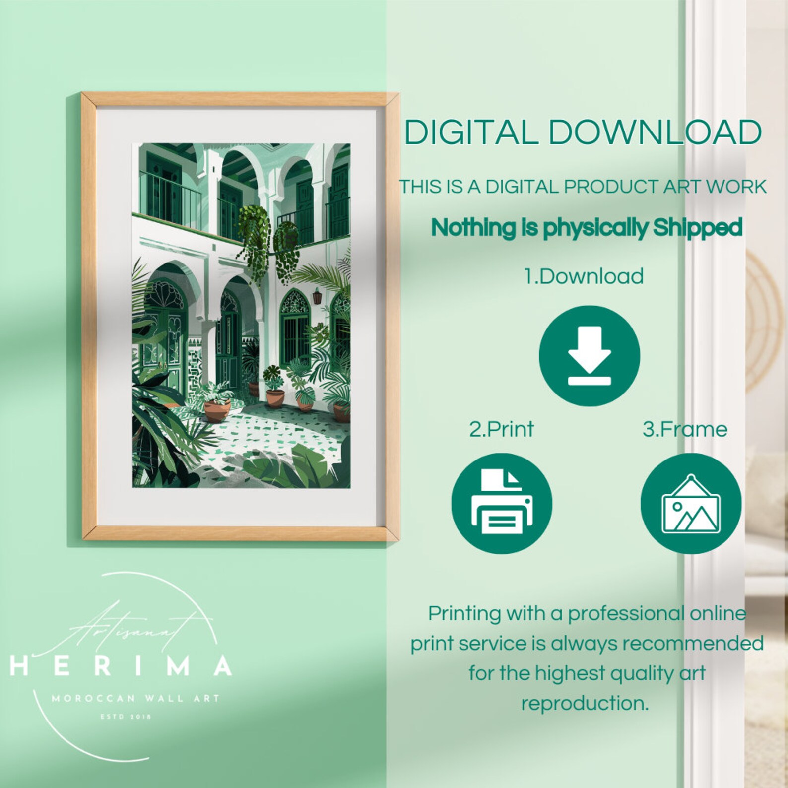 Morocco Poster, Vintage Riad Poster, Moroccan Wall Art, Green Wall Art ...