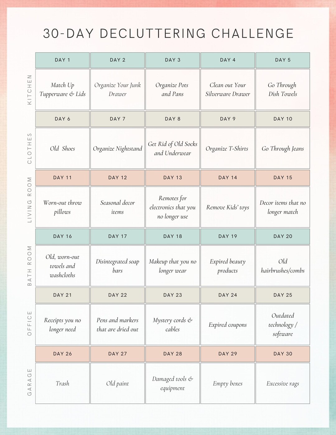 30 Day Decluttering Challenge, Printable, Challenge - Etsy