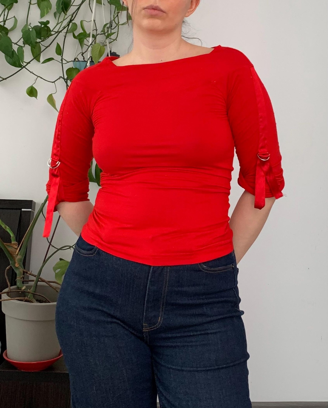 Vintage 2000s Red Longsleeve Sleeve Roll Tab Top — S Size - Etsy