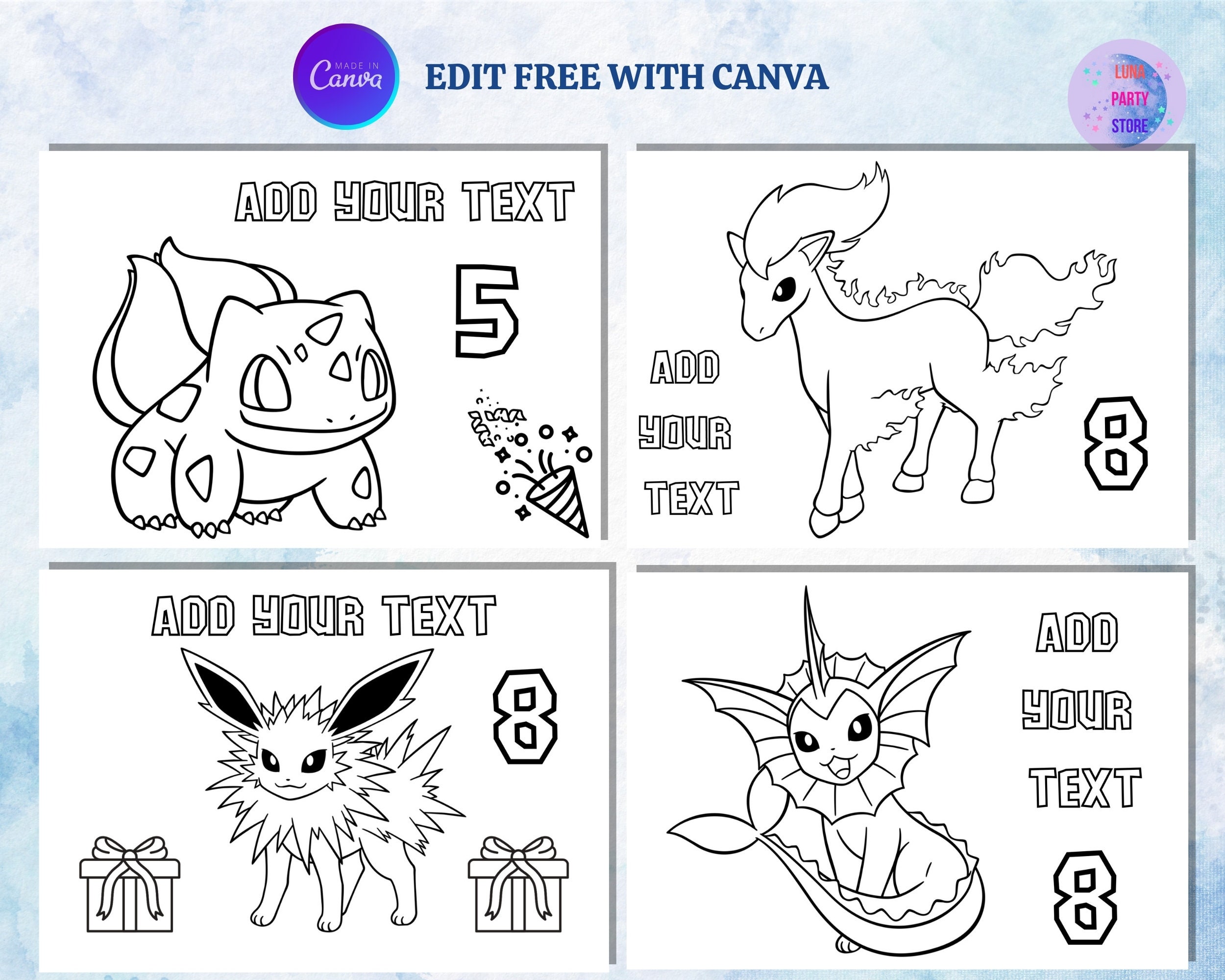 Editable Kids Birthday Coloring Pages Set,pokemon Evite,pokemon Party ...
