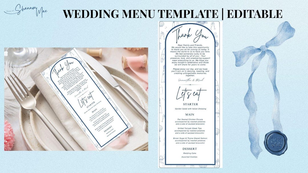 Coastal Toile Wedding Menu Template With Thank You (editable Canva ...
