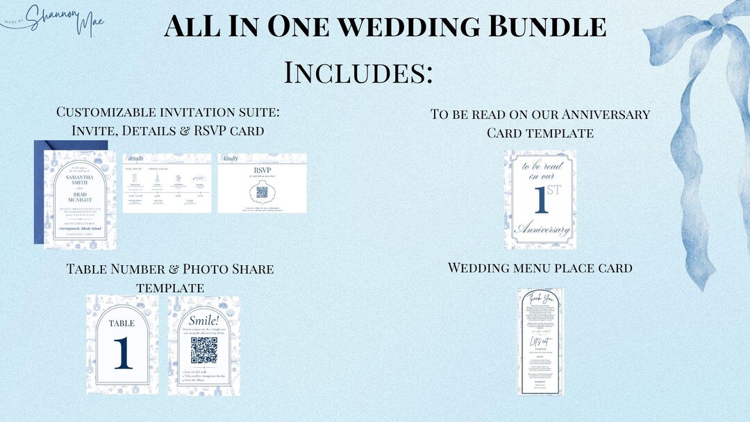 Coastal Toile Wedding Template Bundle: Editable Invitation Suite ...