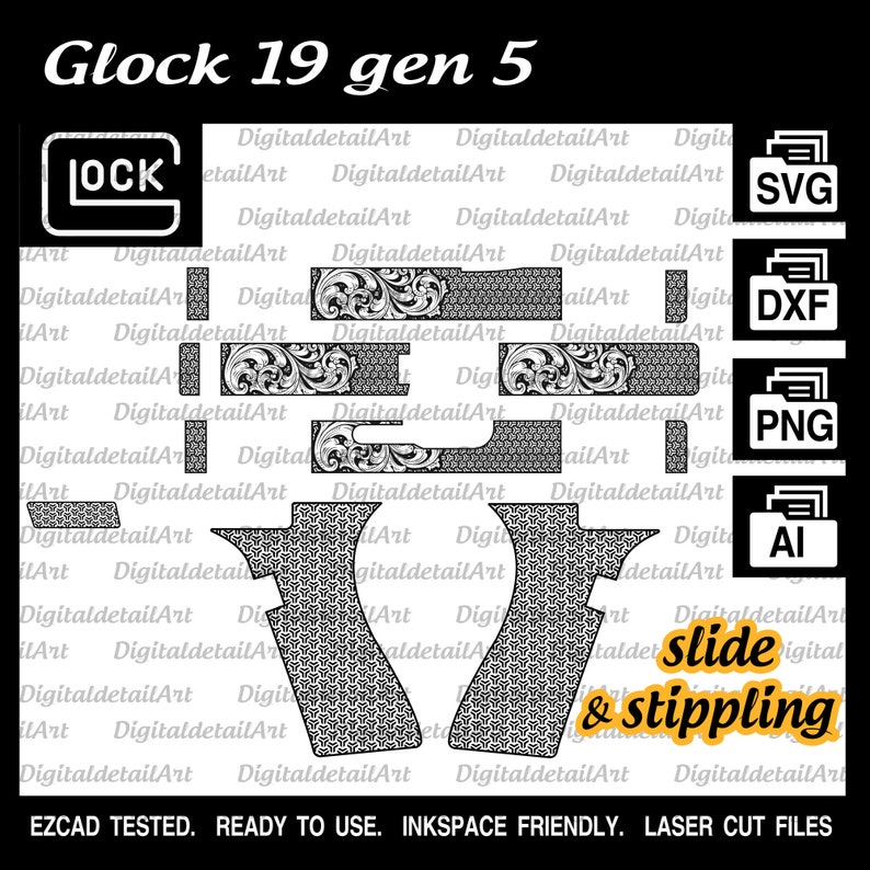 Glock 19 Gen 5 Scroll Design III Files, Detailed Engraving Vector SVG ...