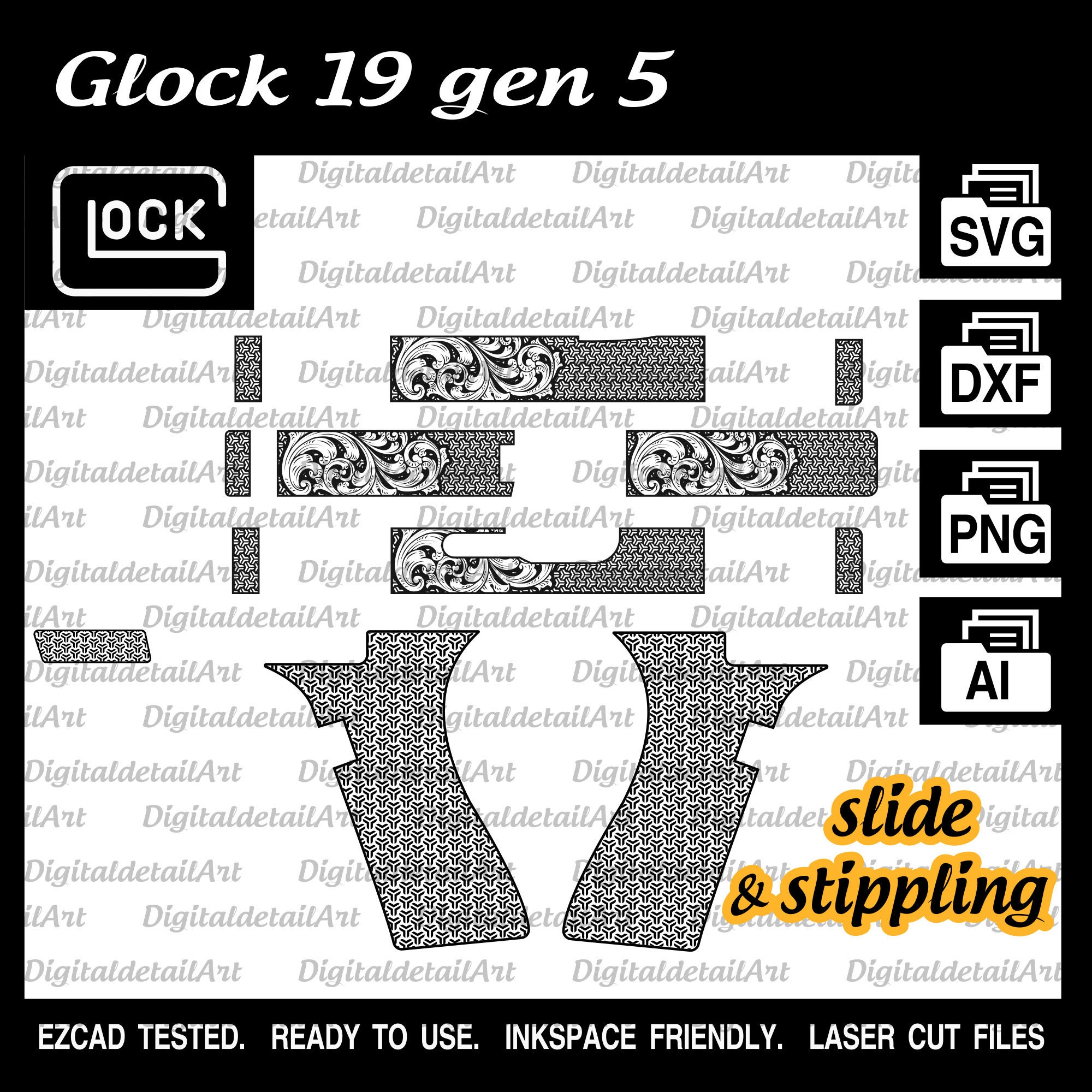 Glock 19 Gen 5 Scroll Design III Files, Detailed Engraving Vector SVG ...