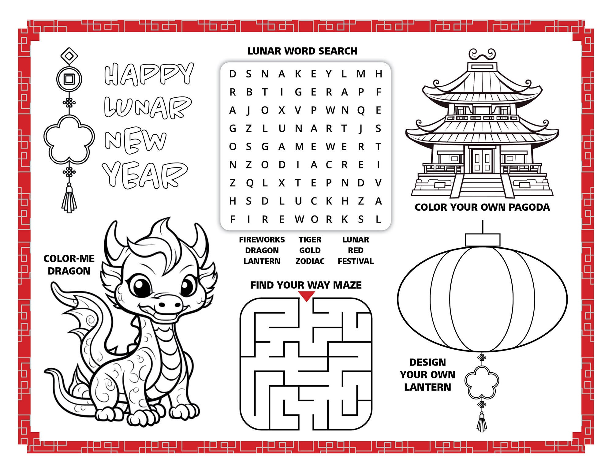 2024 Lunar New Year Activity Page & 10 Coloring Pages - Etsy